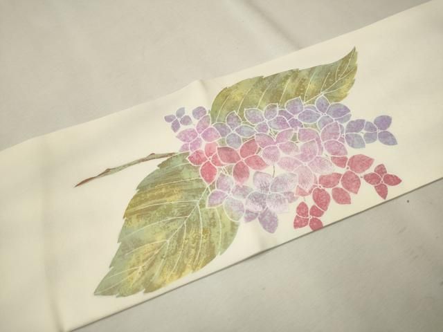 平和屋着物○塩瀬 九寸名古屋帯 手描き 刺繍 紫陽花 正絹 逸品