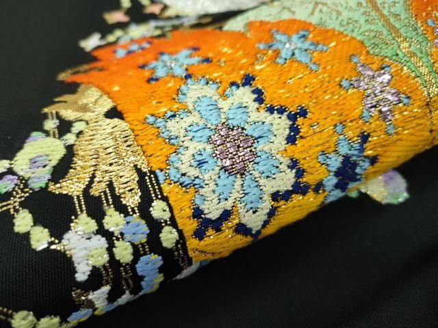 平和屋本店□最高級 龍村平蔵製 太鼓柄 本袋帯 千代の冠錦 黒地 金糸