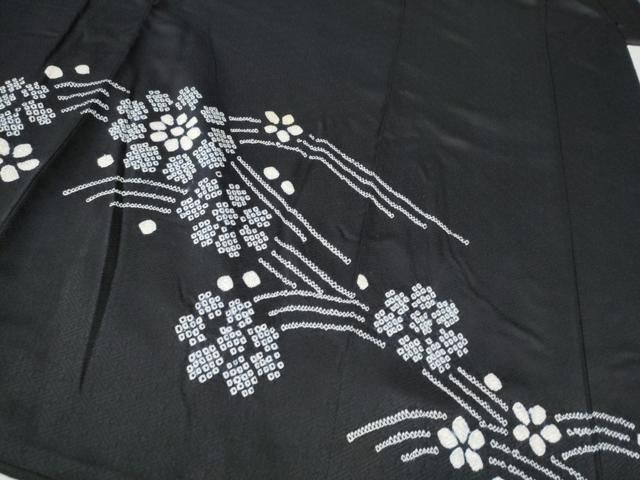 平和屋着物○訪問着 絞り 刺繍 草花文 黒地 金彩 正絹 逸品 CAAU2883yc