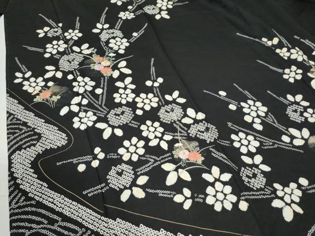 平和屋着物○訪問着 絞り 刺繍 草花文 黒地 金彩 正絹 逸品 CAAU2883yc