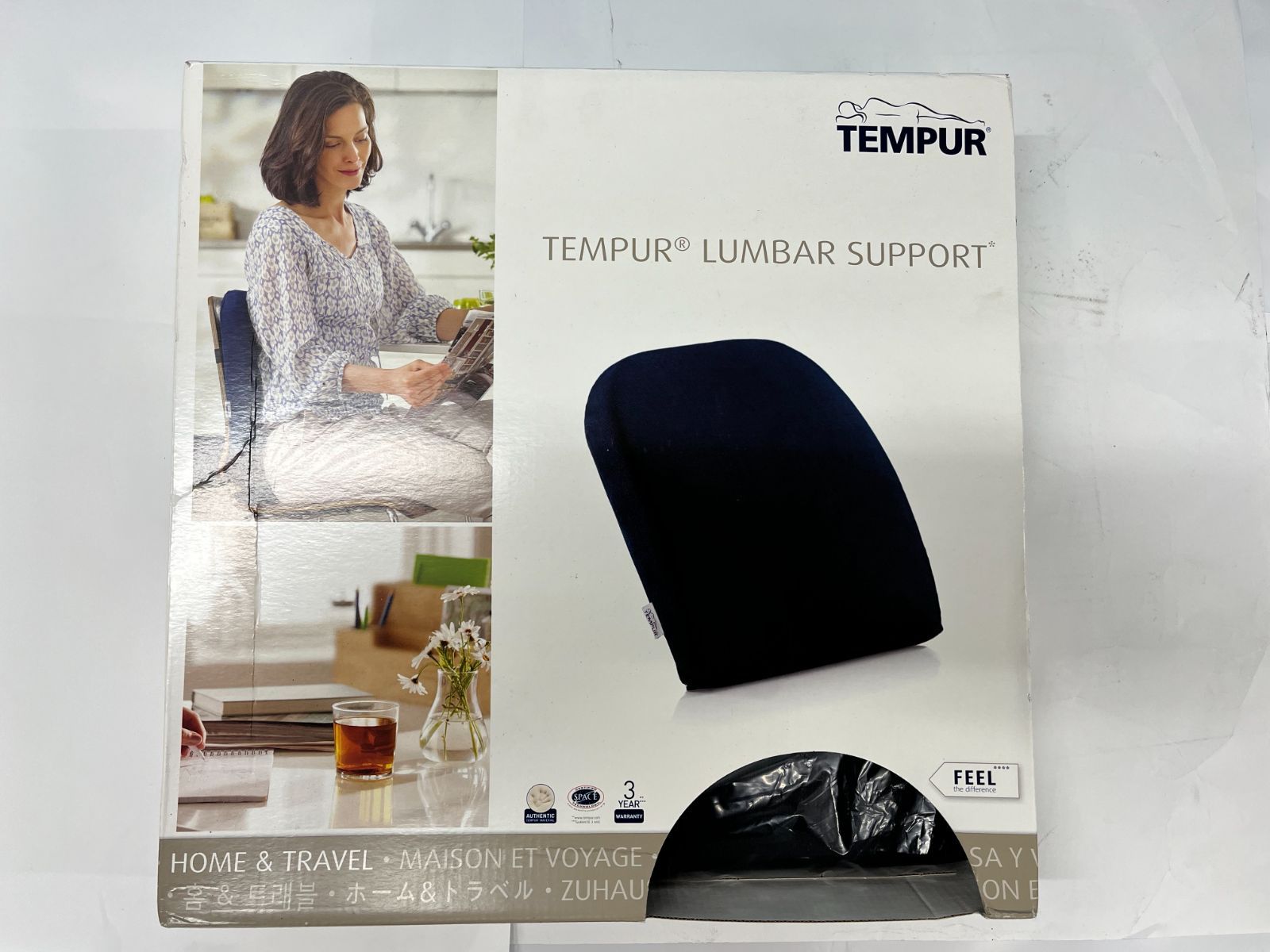 【未使用】テンピュール(Tempur) クッション ダークブルー ランバーサポート 約36x36x7cm 背面用クッション 高さ調整板付き ...