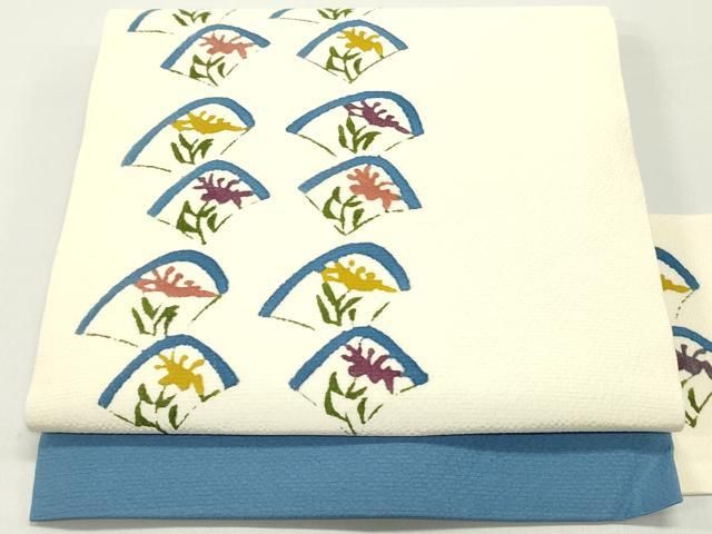 平和屋着物○塩瀬 九寸名古屋帯 絞り 型染め 扇面花間道 象牙色 正絹