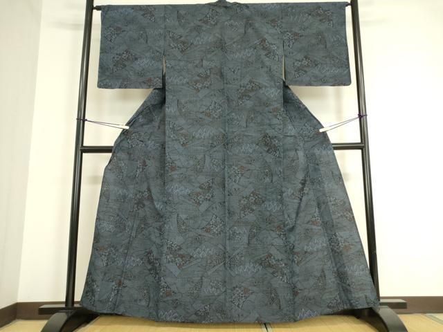 平和屋着物▽上質な紬 単衣 格子間道 黒地 正絹 逸品 CAAV3159ut