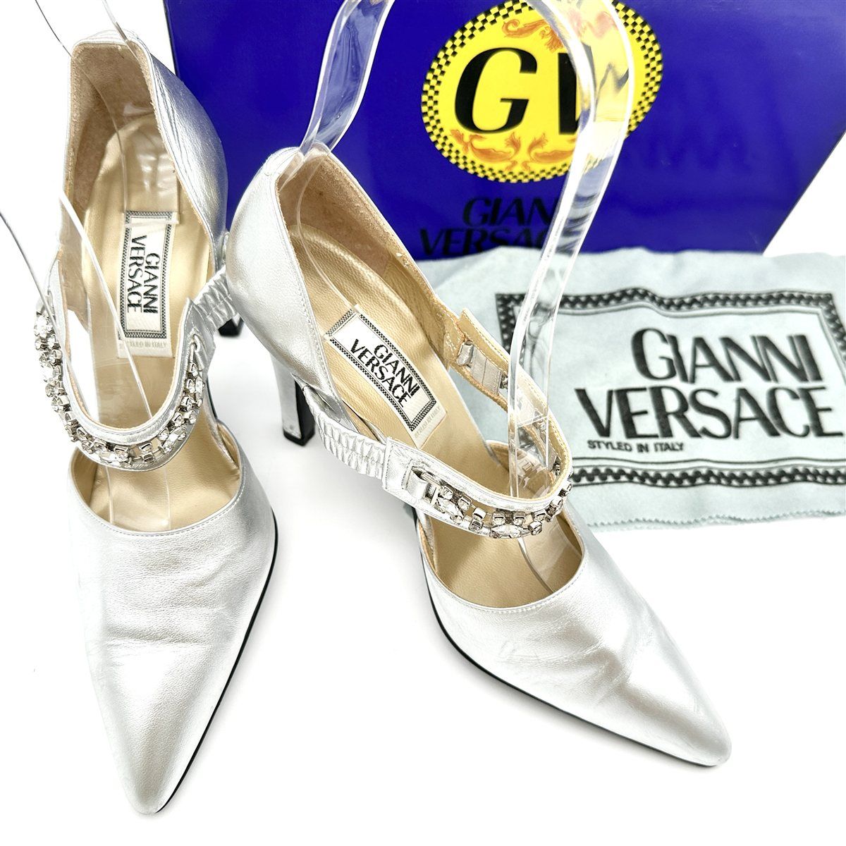 Gianni Versace セパレートパンプス ハイヒール 本革 ビジュー ポインテッドトゥ アンクルストラップ シルバー 2218T - メルカリ