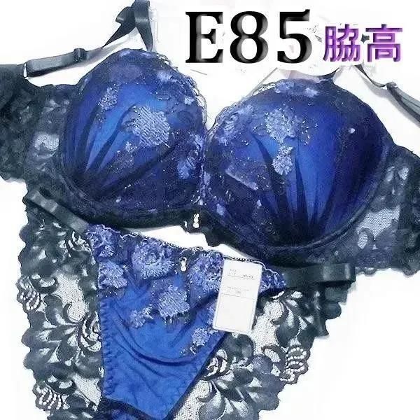 96 [E85＆LⅬ]Elegante脇高・妖艶な金ラメ入りブラ＆レースショーツセット インディゴブルー＆ブラックレース花柄 新品未使用 - メルカリ