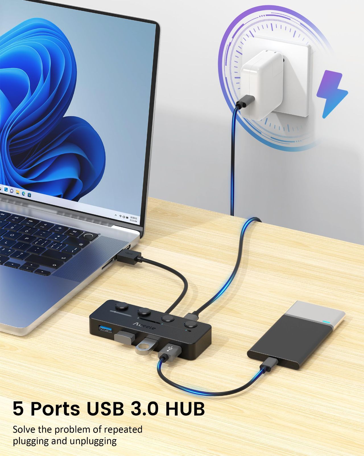 USB ハブ 5ポート USB A 3.0 Aceele 4ポート 上差込タイプ Type-C 給電用ポート付き 直挿し 独立スイッチ付き LED表示灯5Gbps高速転送 USB増設 小型 ...