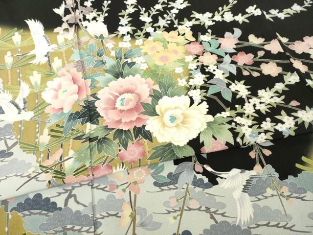 平和屋着物○十日町友禅作家 岡村蒼風 黒留袖 草花文 ロング丈 正絹