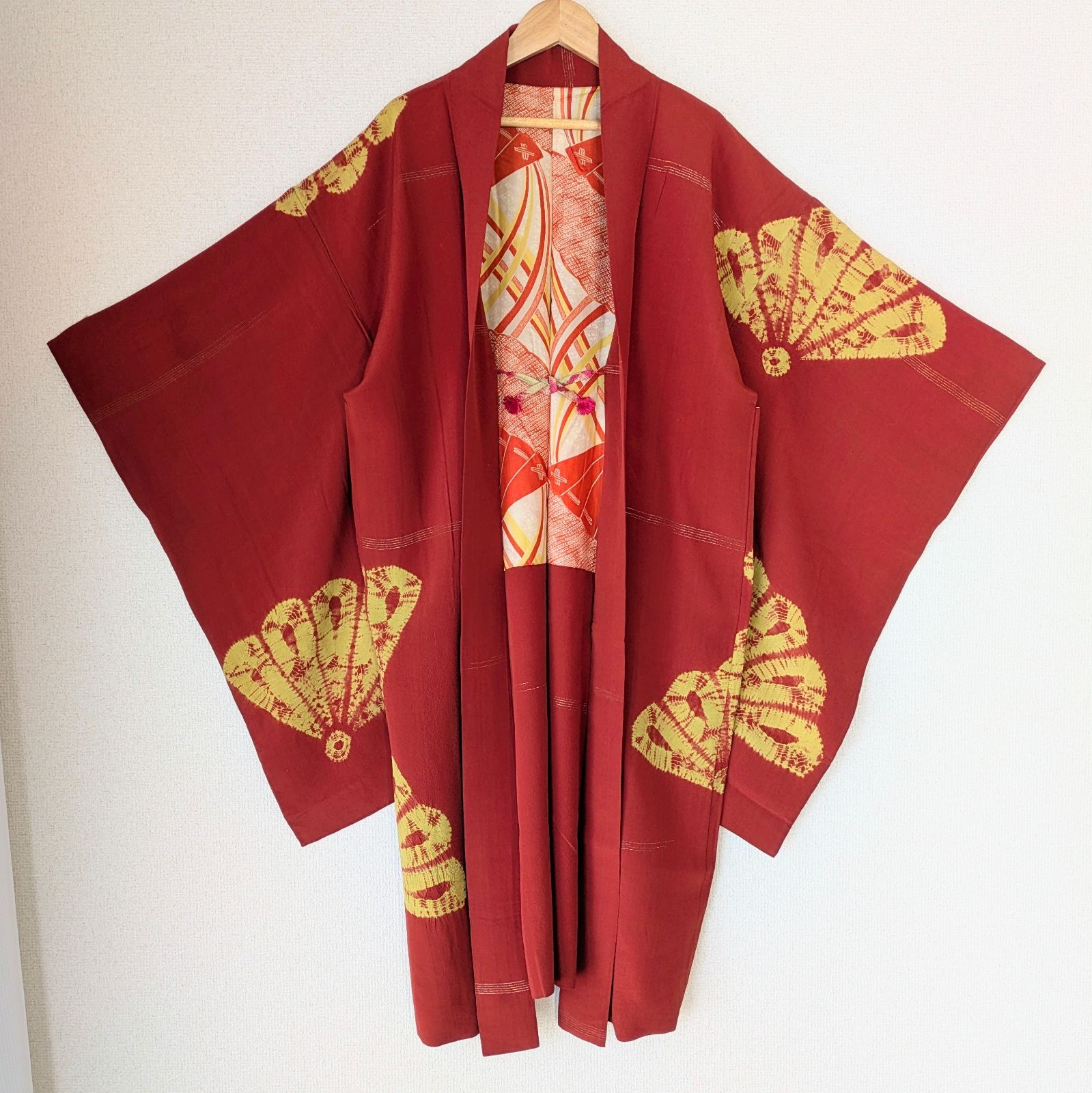 Japanese Vintage Haori Long Vermilion red Fan pattern Silk Kimono ...