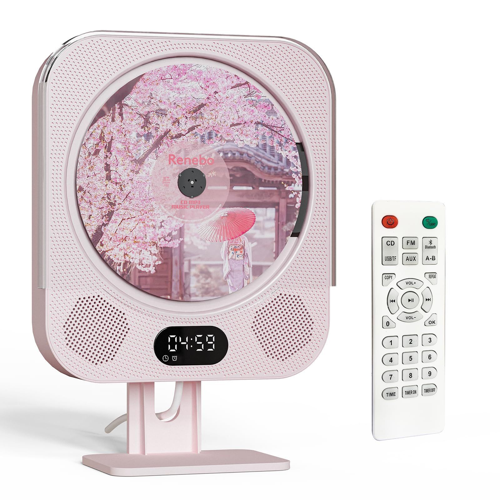 新品 Renebo ピンクの卓上CDプレーヤー 可愛い多機能CDプレーヤー 小型有線で壁掛け可能 FMラジオ搭載ブルートゥーススピーカー付き ...