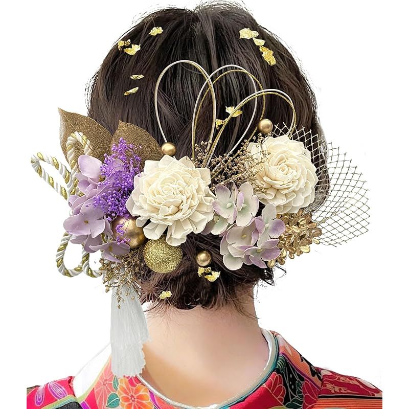 【Baramoly】 髪飾り 成人式 和装小物 卒業式 結婚式 和装 着物 袴 振袖 プリザーブドフラワー かすみ草 網型飾り あじさい ヘアアクセサリー 水引 ヘッドパーツ 専用ケース付き ...