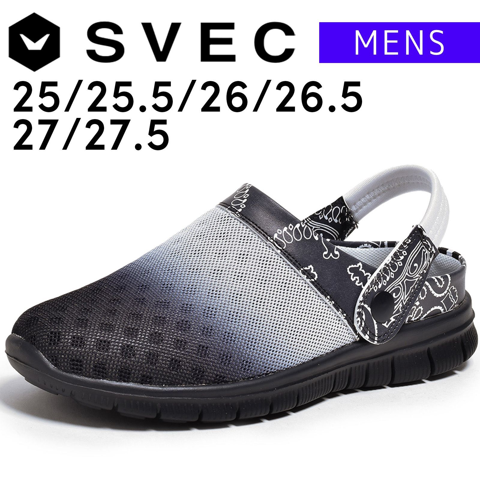 【新品】 2WAY サンダル メンズ SVEC シュベック ブラック ペイズリー 黒 柄 スリッポン つっかけ 軽量 ストラップ 歩きやすい 靴 シューズ 春 夏 25 25.5 26 26. ...