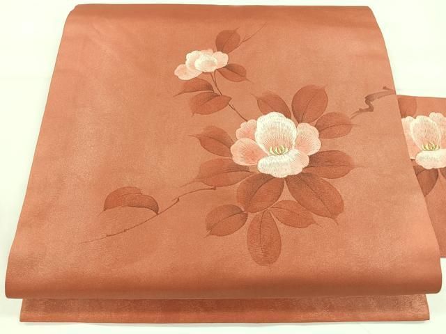 平和屋着物□極上 アンティーク 九寸名古屋帯 総刺繍 枝椿 金糸 逸品