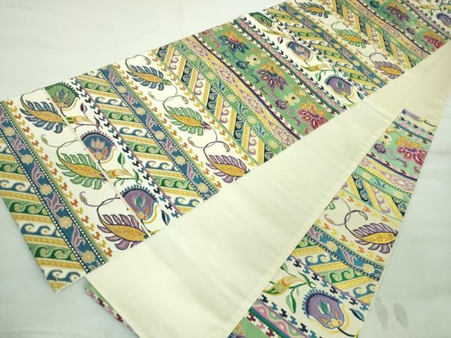 平和屋本店□極上 西陣 白綾苑大庭 六通柄袋帯 更紗花文 金糸 証紙・共