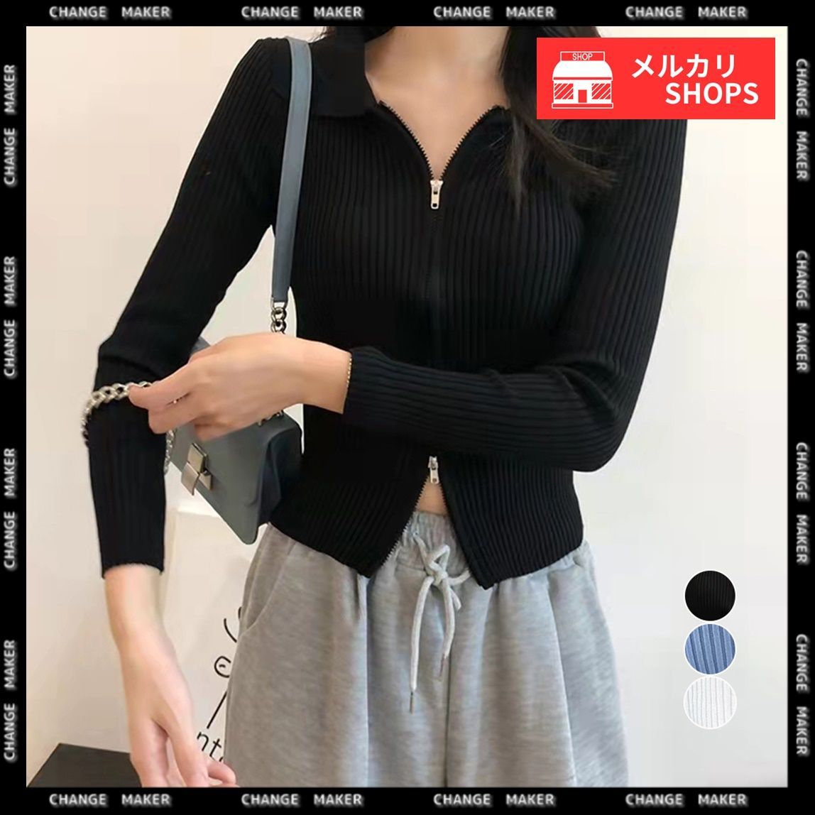 リブニット トップス レディース ジップアップ ニットセーター 前開き フィット感 きれいめ フロントZIP ショート丈 Vネック 長袖 ...