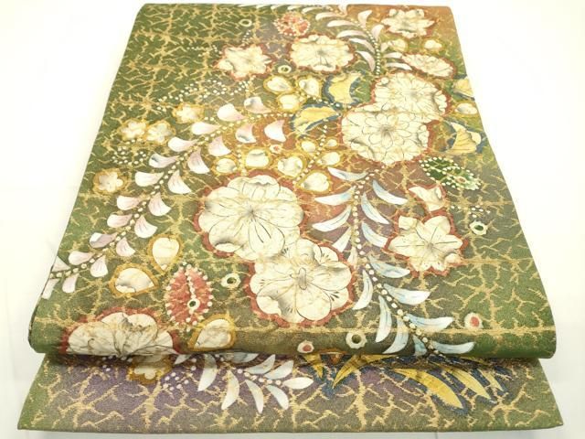 平和屋着物＊夏物 太鼓柄袋帯 流水草花文 金糸 引箔 正絹 逸品 未