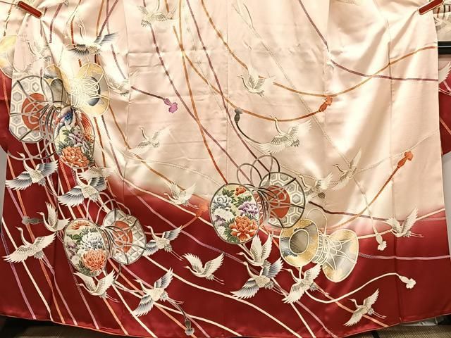 平和屋着物□豪華振袖 駒刺繍 鼓飛鶴花車文 暈し染め 金彩 正絹 平和屋着物□豪華振袖 駒刺繍 鼓飛鶴花車文 暈し染め 金彩 正絹