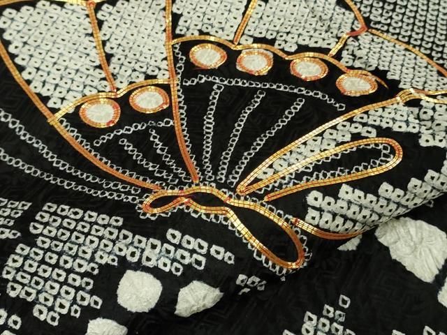 平和屋着物□極上 振袖 駒刺繍 絞り 舞蝶花文 黒地 やまと誂製 逸品