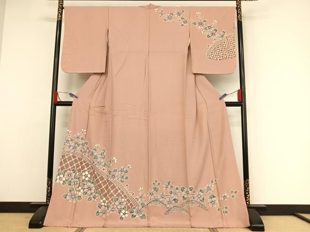 平和屋着物□訪問着 紬地 手描き 絞り 市松花文 銀彩 正絹