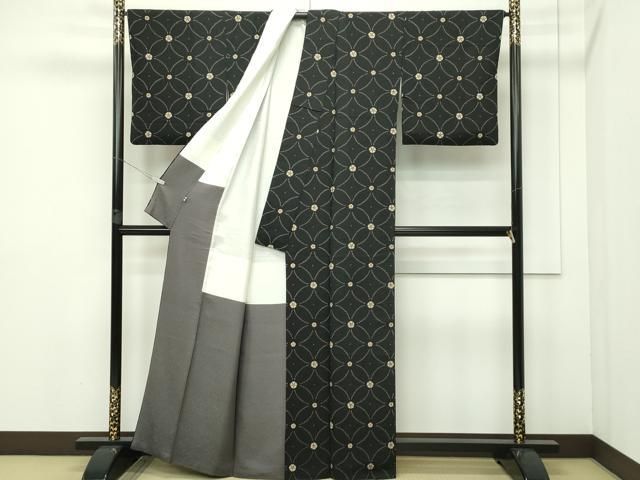 平和屋本店□極上 キモノデザイナー 斉藤上太郎 小紋 七宝花文 黒地