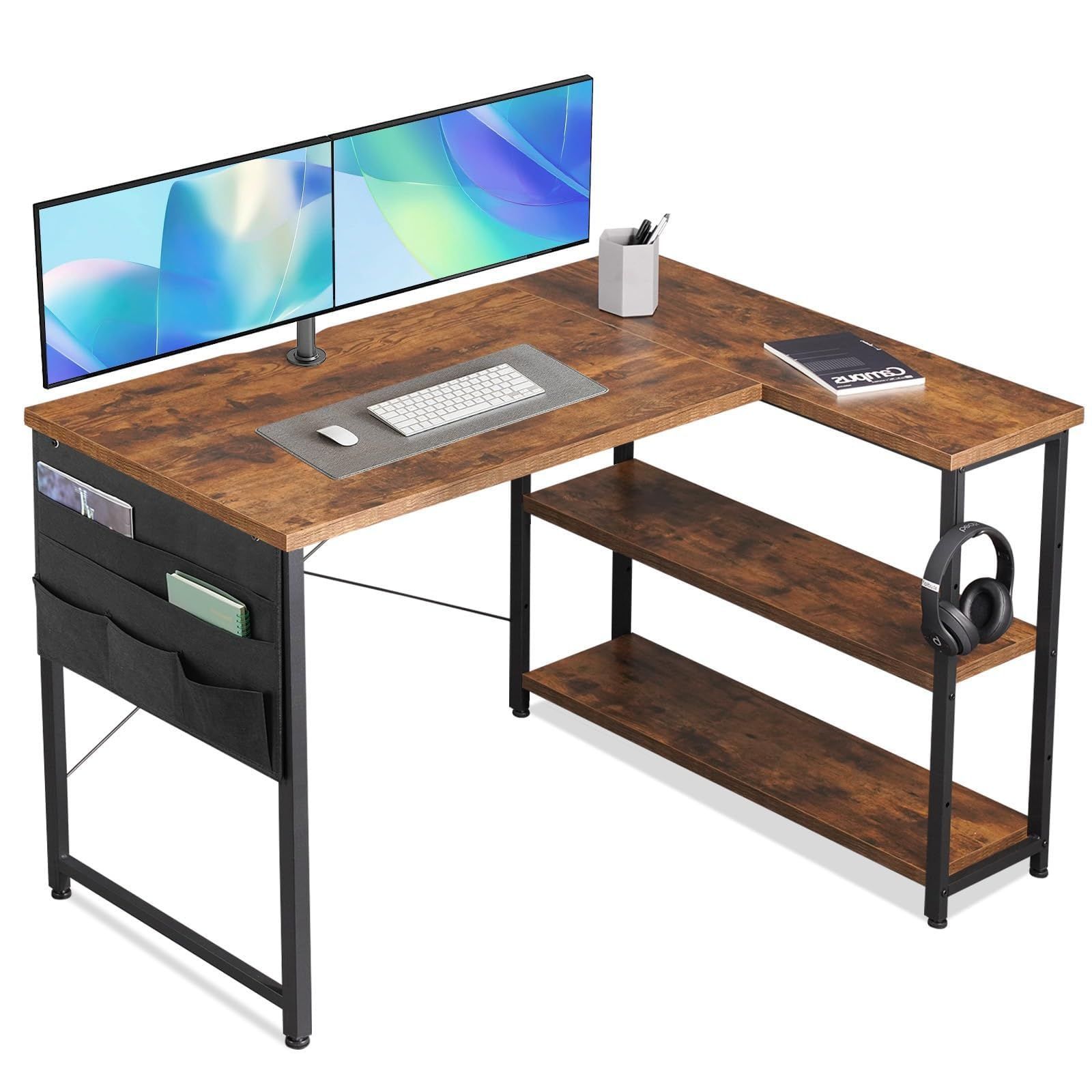 【人気商品】本棚付きデスク ワークデスク コーナーデスク h?c ban 収納袋付き勉強机 pcデスク l字デスク ゲーミングデスク ビンテージ desk computer 幅107cm 右棚 ...