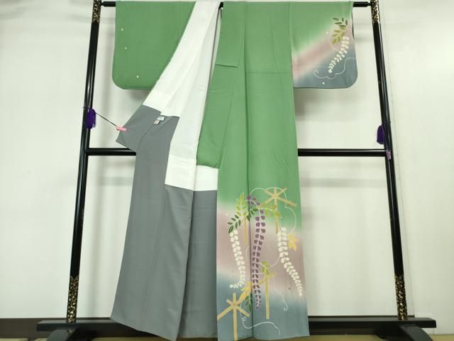 平和屋本店□極上 人形作家・ホリヒロシ 訪問着 藤花房 薄緑色地 暈し