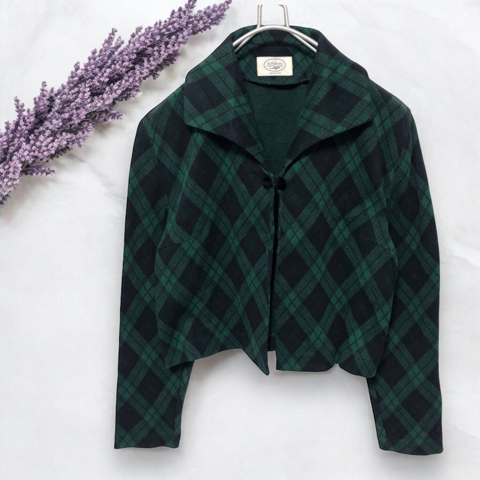 【s0064】アリスバリー ️チェック柄ジャケット、秋冬コーデ、ボレロ 前開き、ビッグカラー - メルカリ