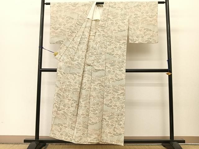 平和屋着物▽本塩沢 単衣 流水渡橋風景花文 正絹 逸品 BAAT9109yc