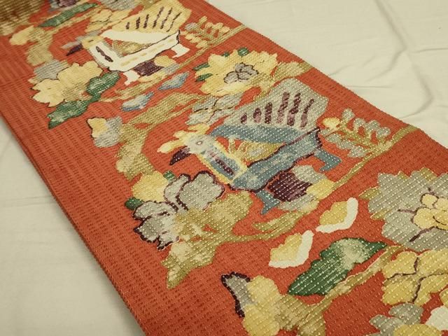 平和屋着物◎九寸開き名古屋帯 紬地 草花文 正絹 逸品 未