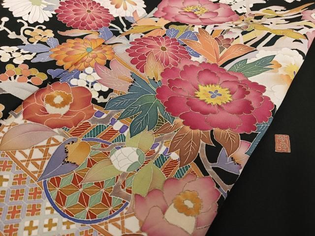平和屋着物○本加賀友禅作家 百貫華峰 黒留袖 花陶器