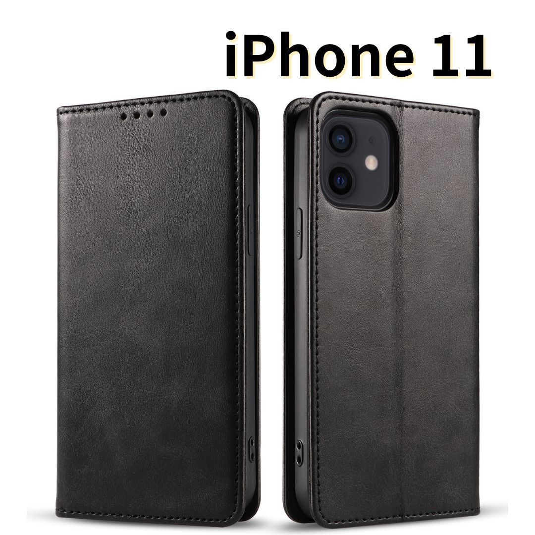 【Shops T】 iPhone11 レザー風 スマホケース 手帳型 耐衝撃 マグネット式 カードケース 黒 E016 - メルカリ