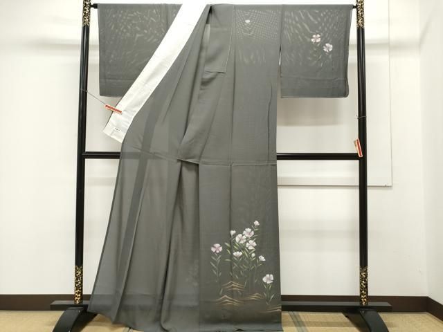 平和屋着物＊夏物 訪問着 絽 草花文 藍墨茶色 正絹 逸品 未使用