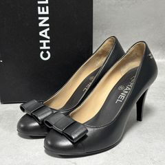 希少 CHANEL シャネル レザー リボン パンプス ブラック 黒 37C 約24cm